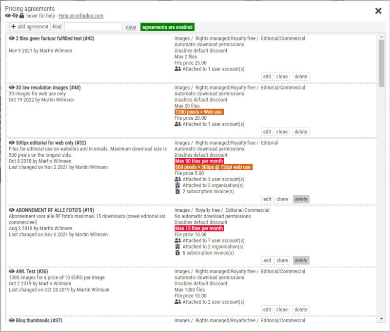 agreement list dialog - Infradox